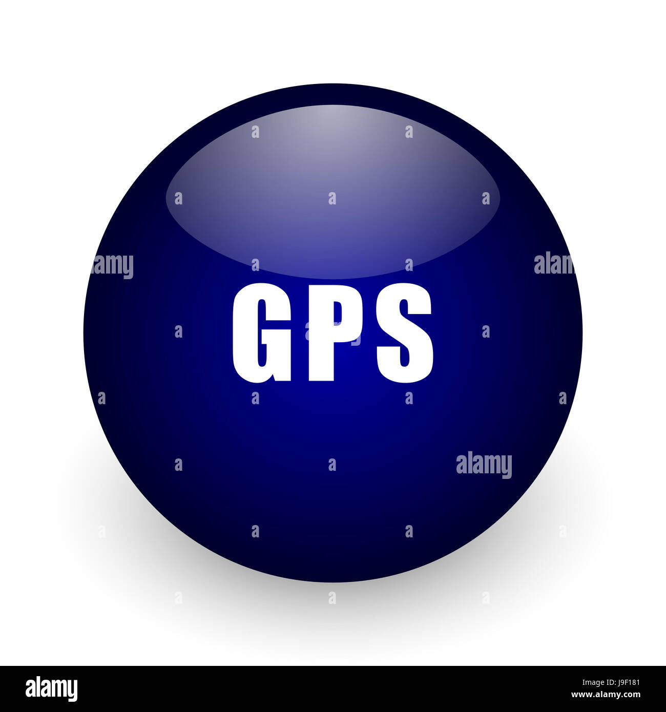 Gps blue glossy ball web icon on white background. Round 3d render ...