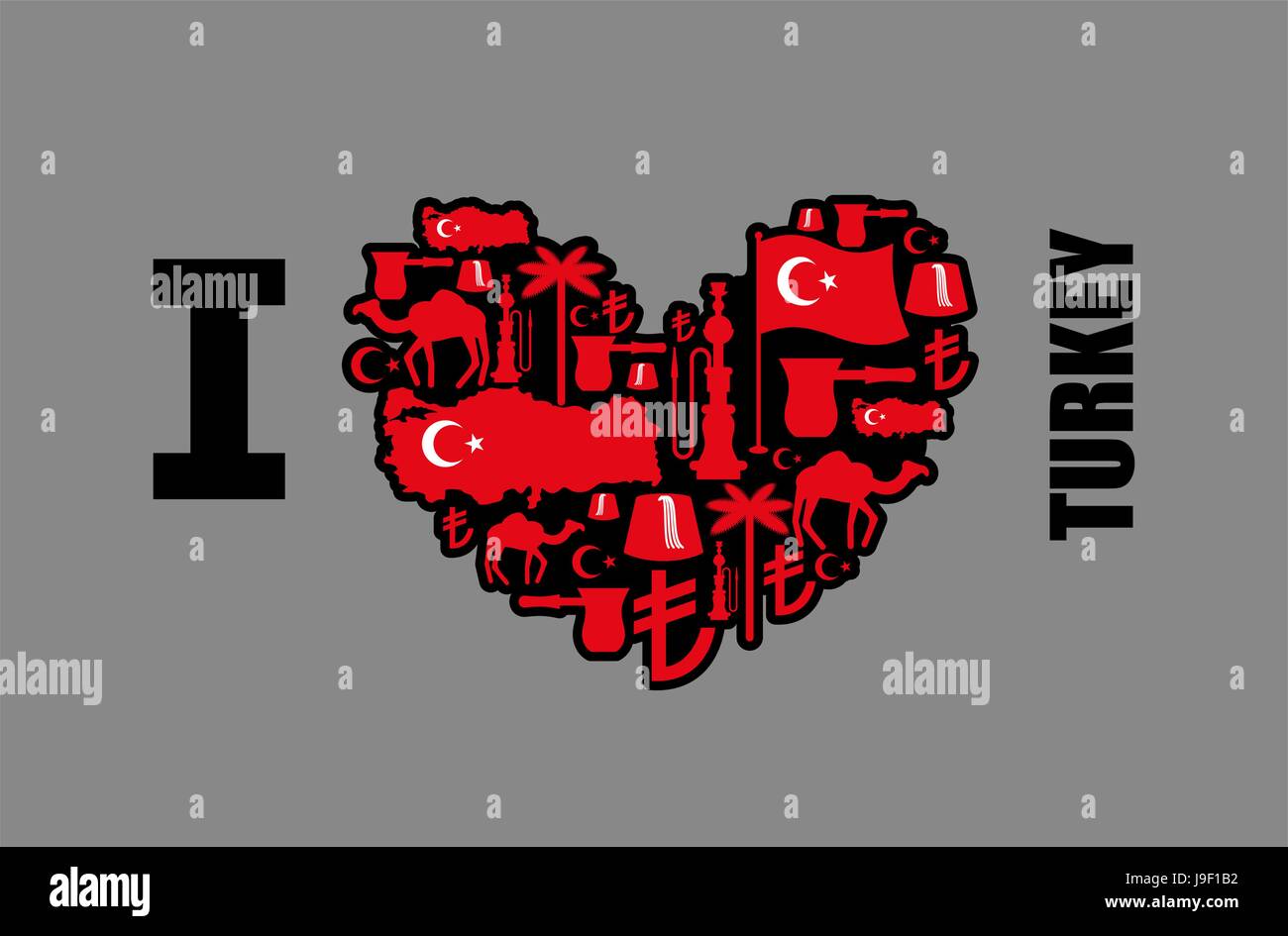 I love Turkey. Sign heart of traditional Turkish folk characters. Map ...