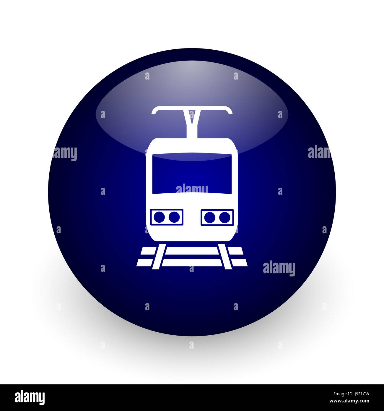 Train blue glossy ball web icon on white background. Round 3d render ...