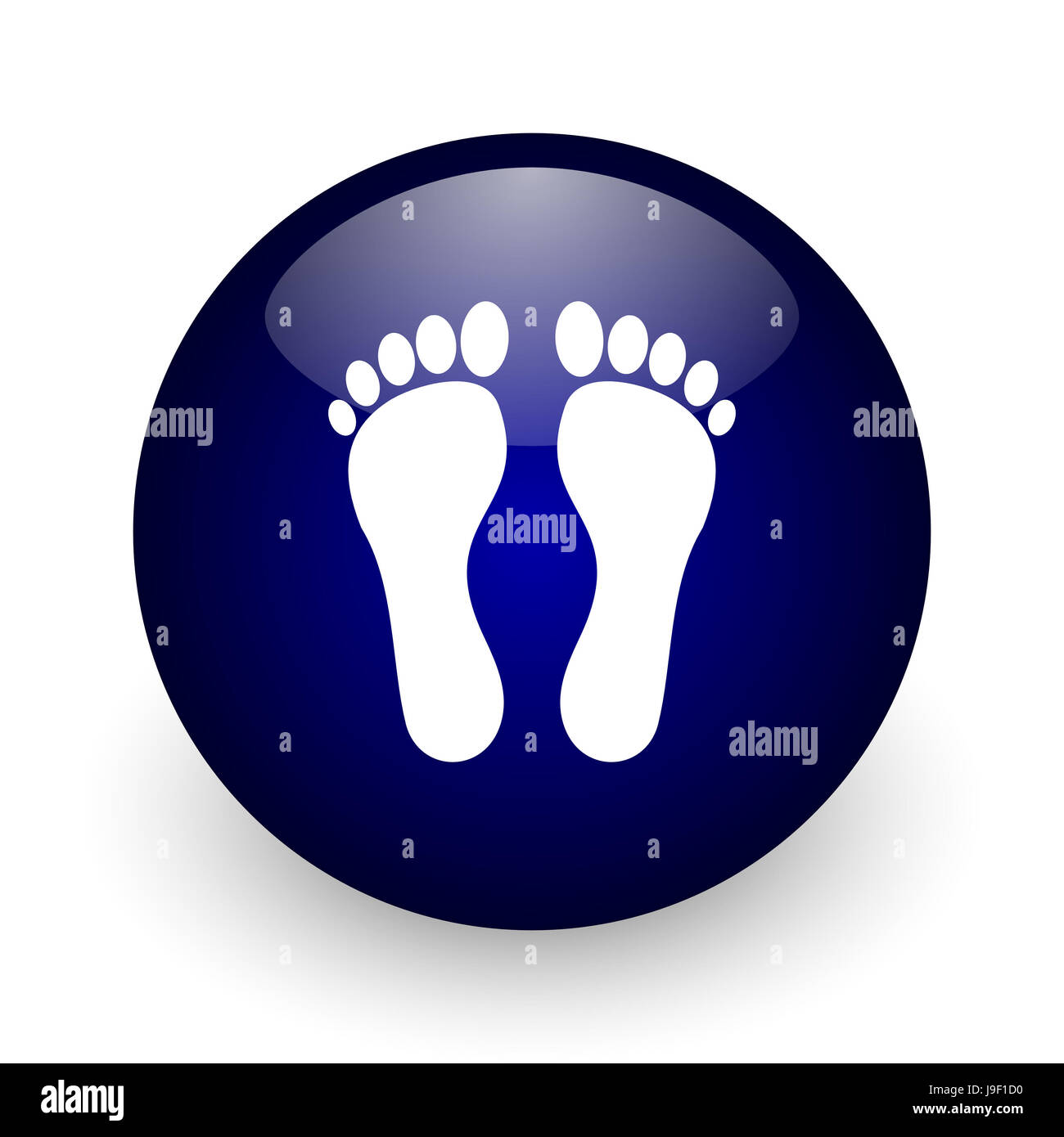 Foot blue glossy ball web icon on white background. Round 3d render ...