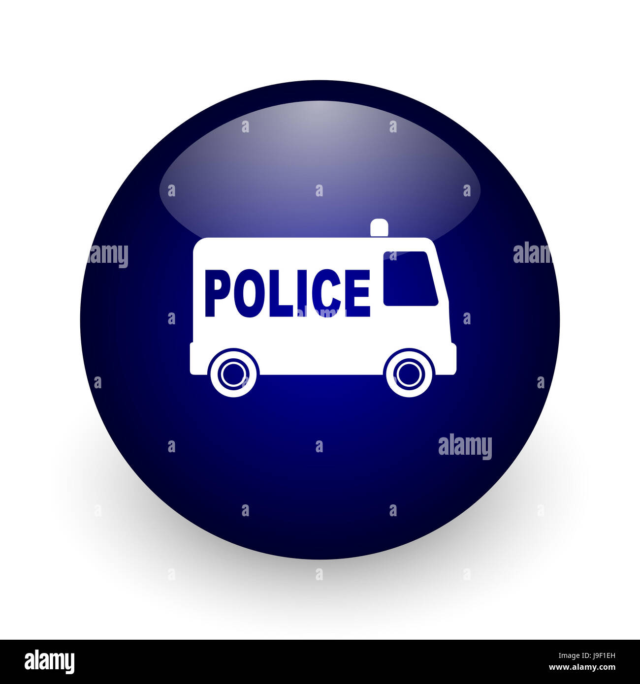 Police blue glossy ball web icon on white background. Round 3d render ...