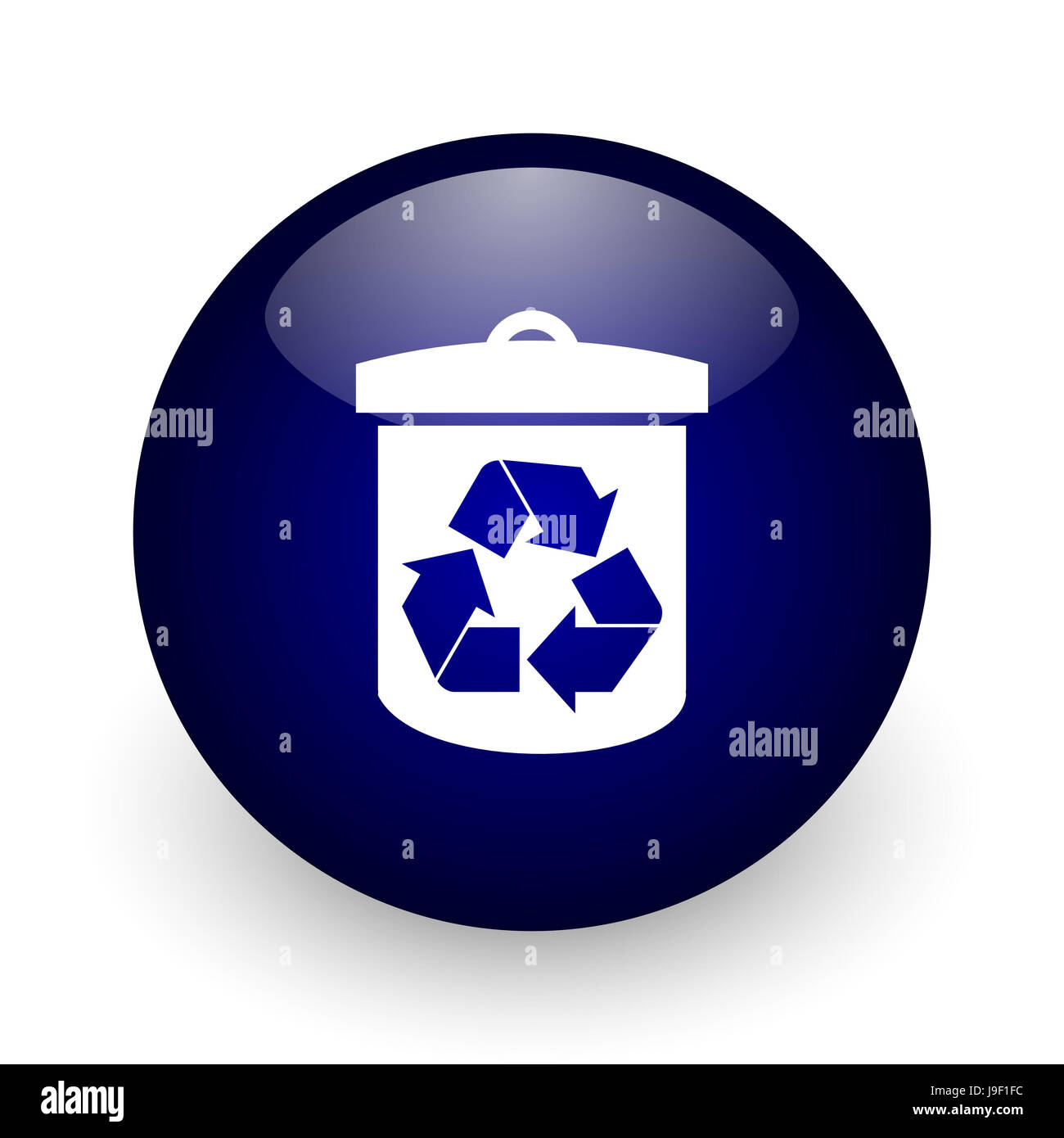Recycle blue glossy ball web icon on white background. Round 3d render ...