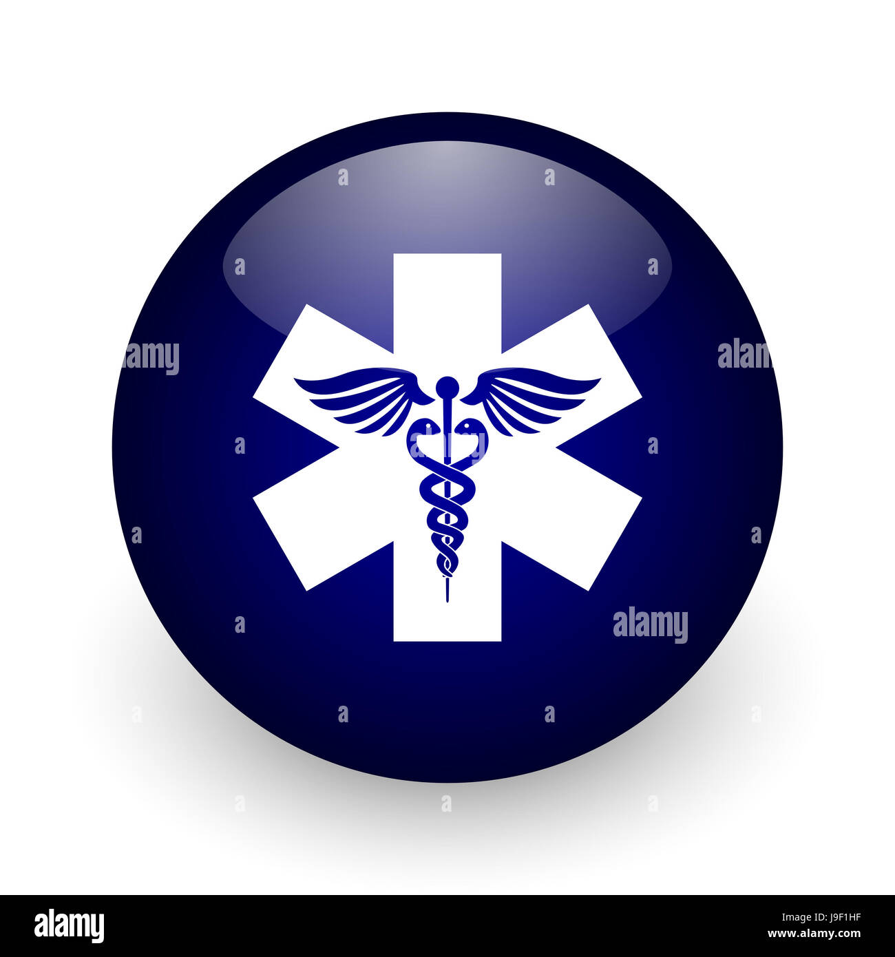 Emergency blue glossy ball web icon on white background. Round 3d ...