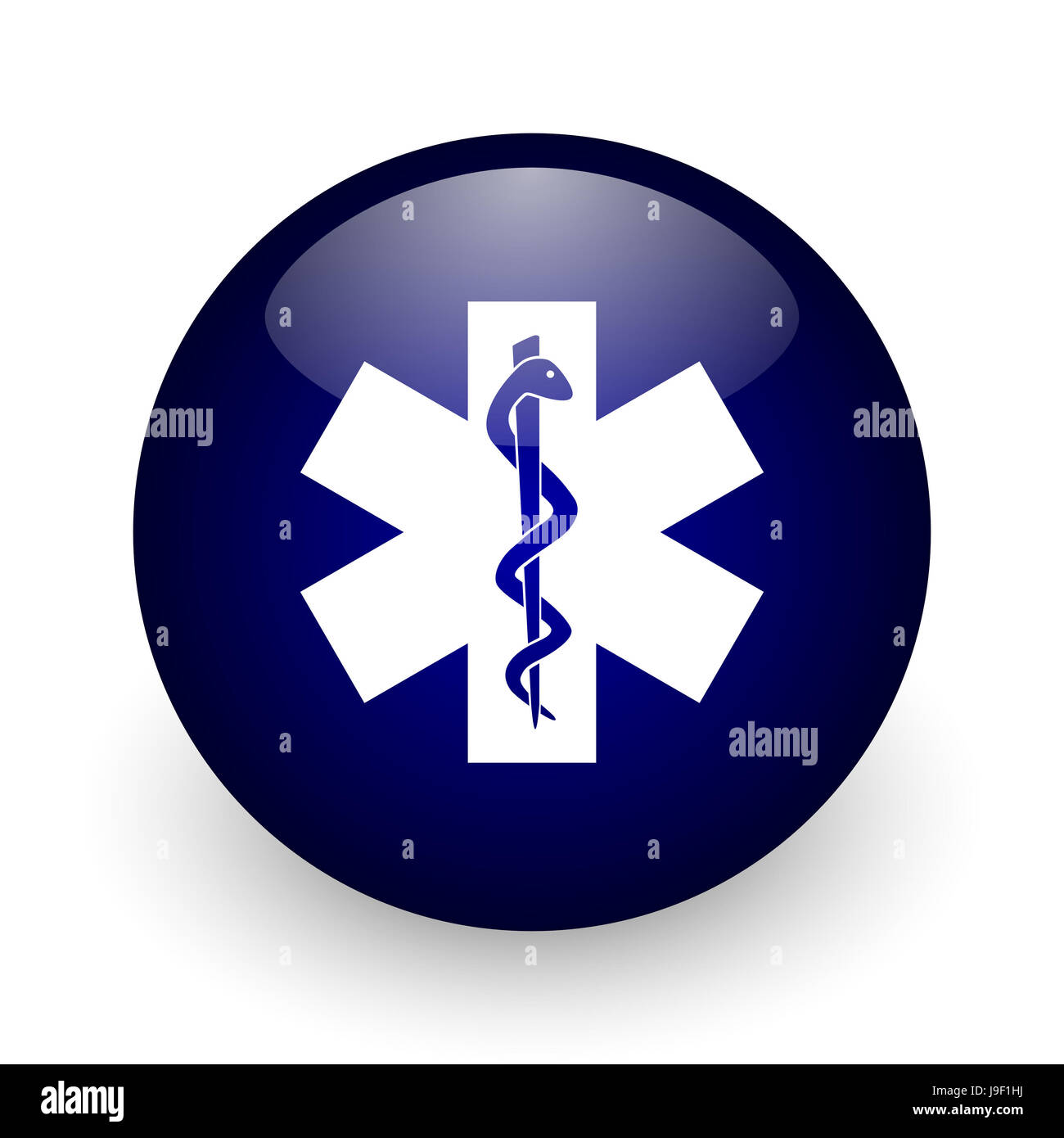 Emergency blue glossy ball web icon on white background. Round 3d ...
