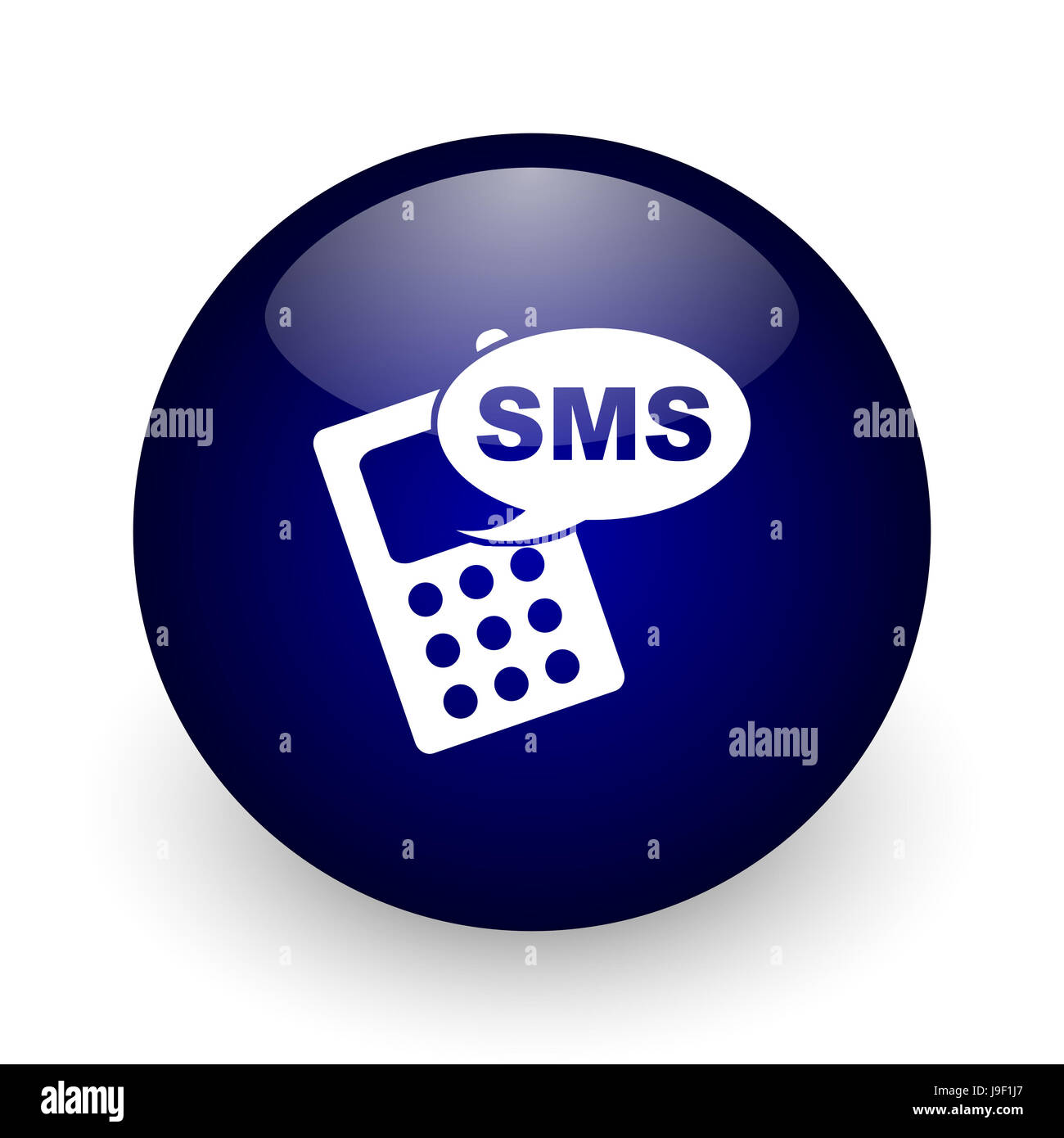 Sms blue glossy ball web icon on white background. Round 3d render ...