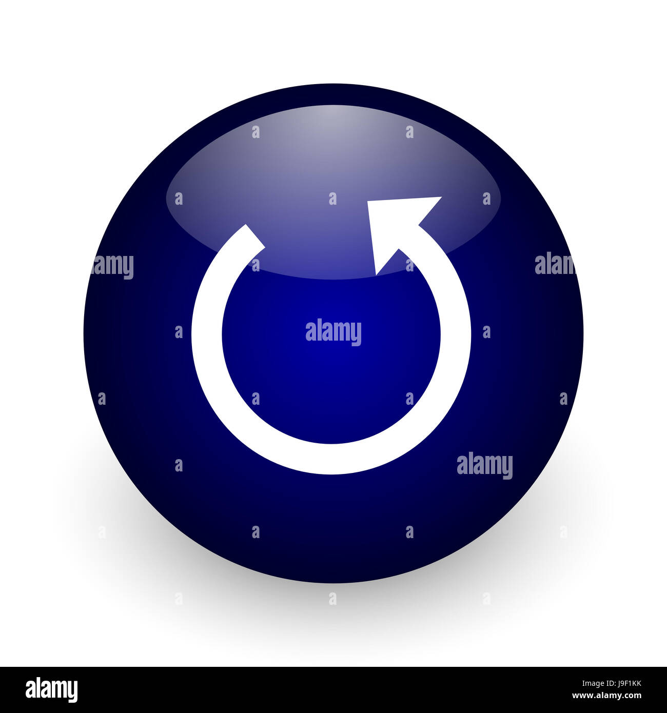 Rotate blue glossy ball web icon on white background. Round 3d render ...