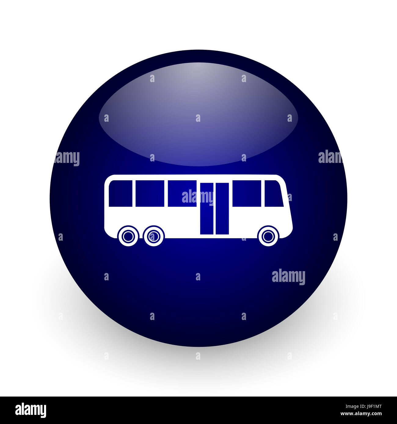 Bus blue glossy ball web icon on white background. Round 3d render ...