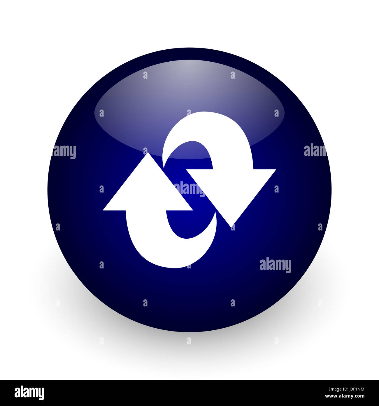 Rotation blue glossy ball web icon on white background. Round 3d render ...