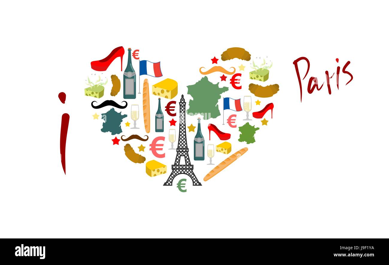I Love Paris. Traditional French national set of icons in form of heart ...