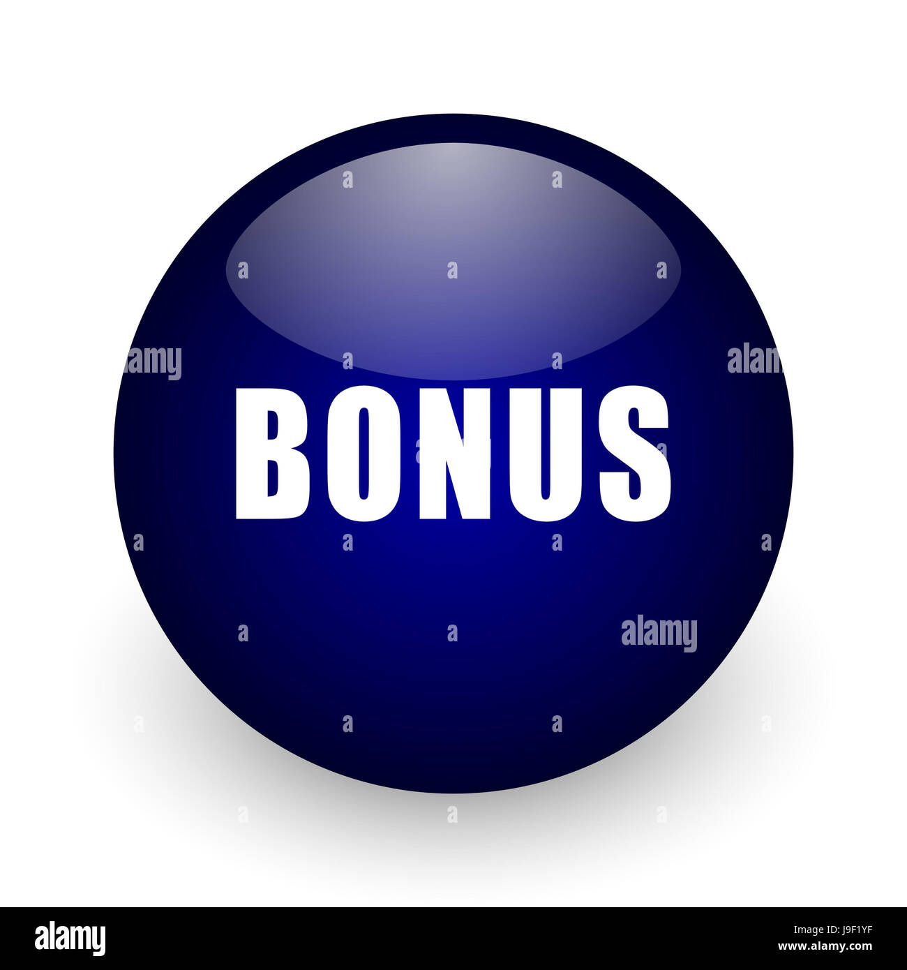 Bonus blue glossy ball web icon on white background. Round 3d render ...