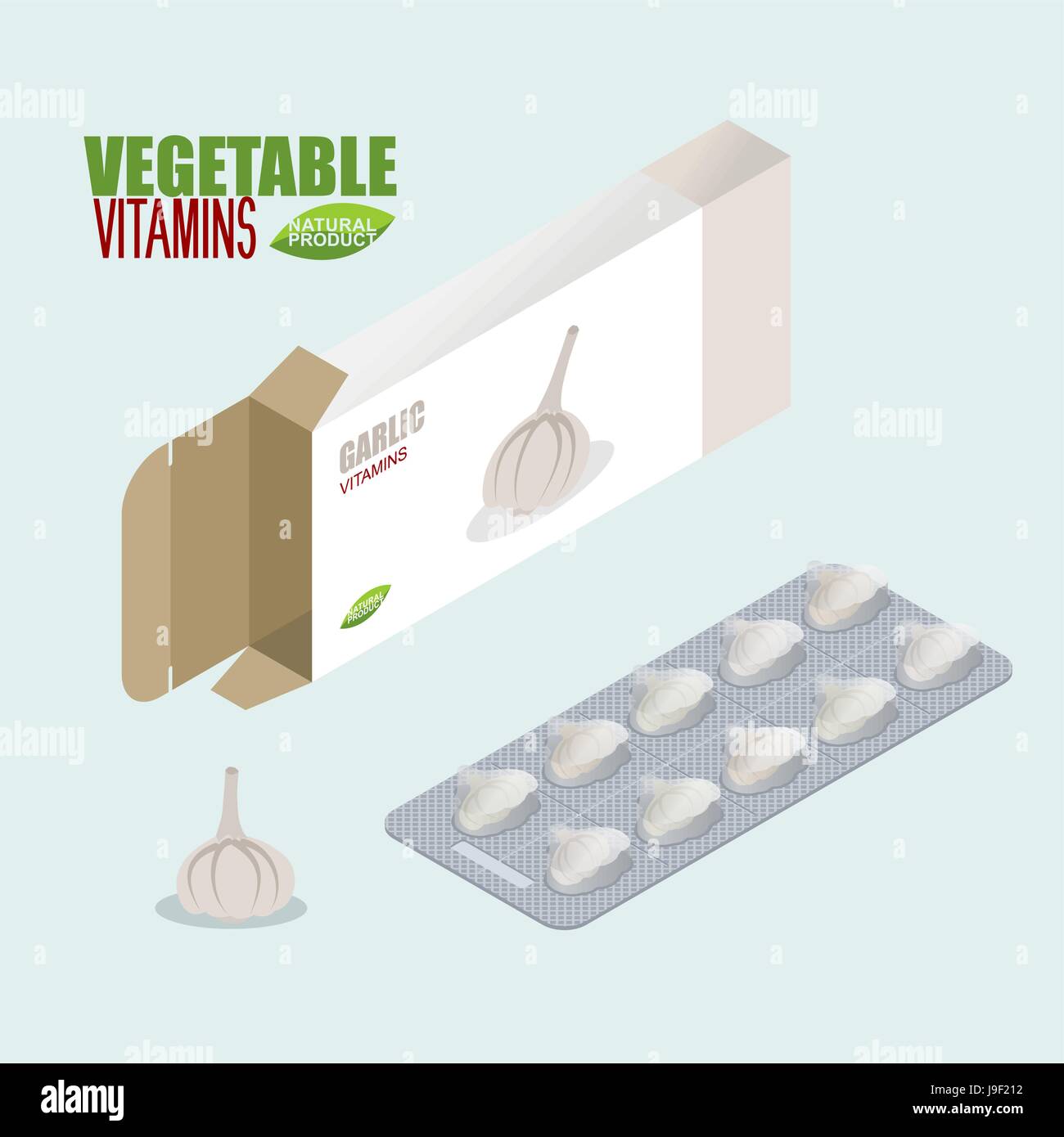Garlic pills in pack. Vegetarian Vitamins. Diet tablets in box. Natural ...