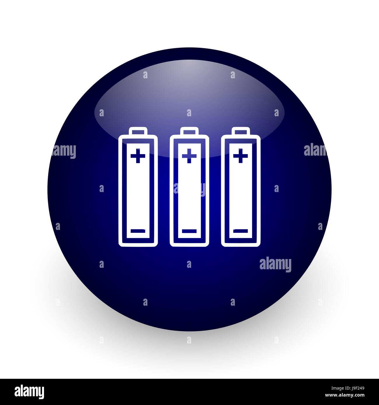 Battery blue glossy ball web icon on white background. Round 3d render ...