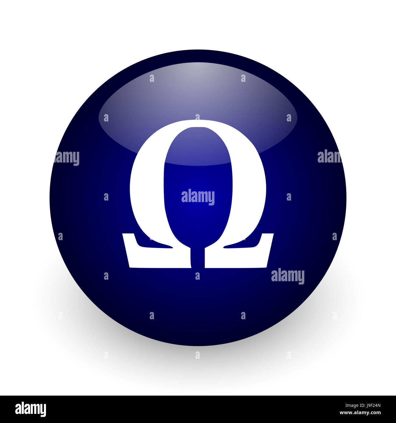 Omega blue glossy ball web icon on white background. Round 3d render ...