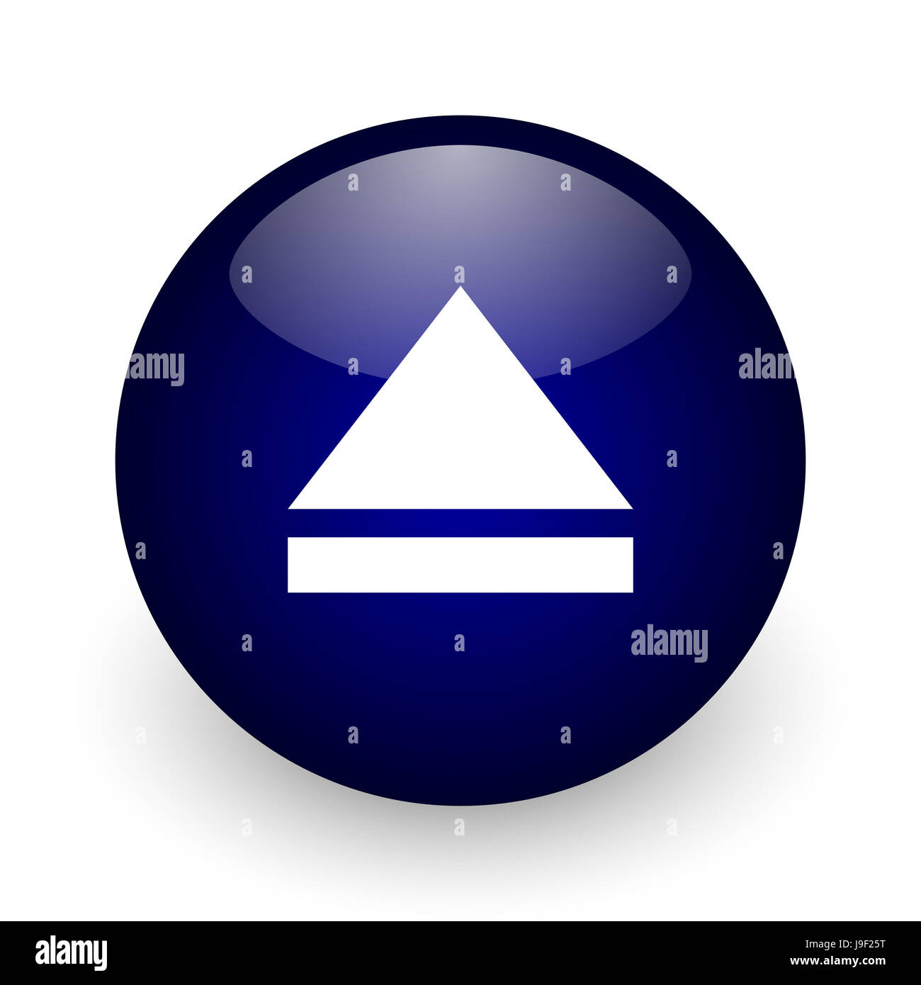 Eject blue glossy ball web icon on white background. Round 3d render ...