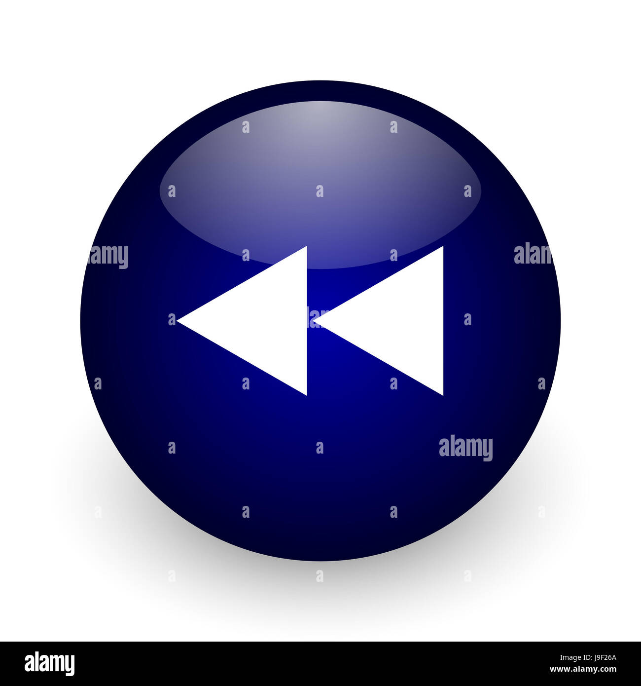 Rewind blue glossy ball web icon on white background. Round 3d render ...