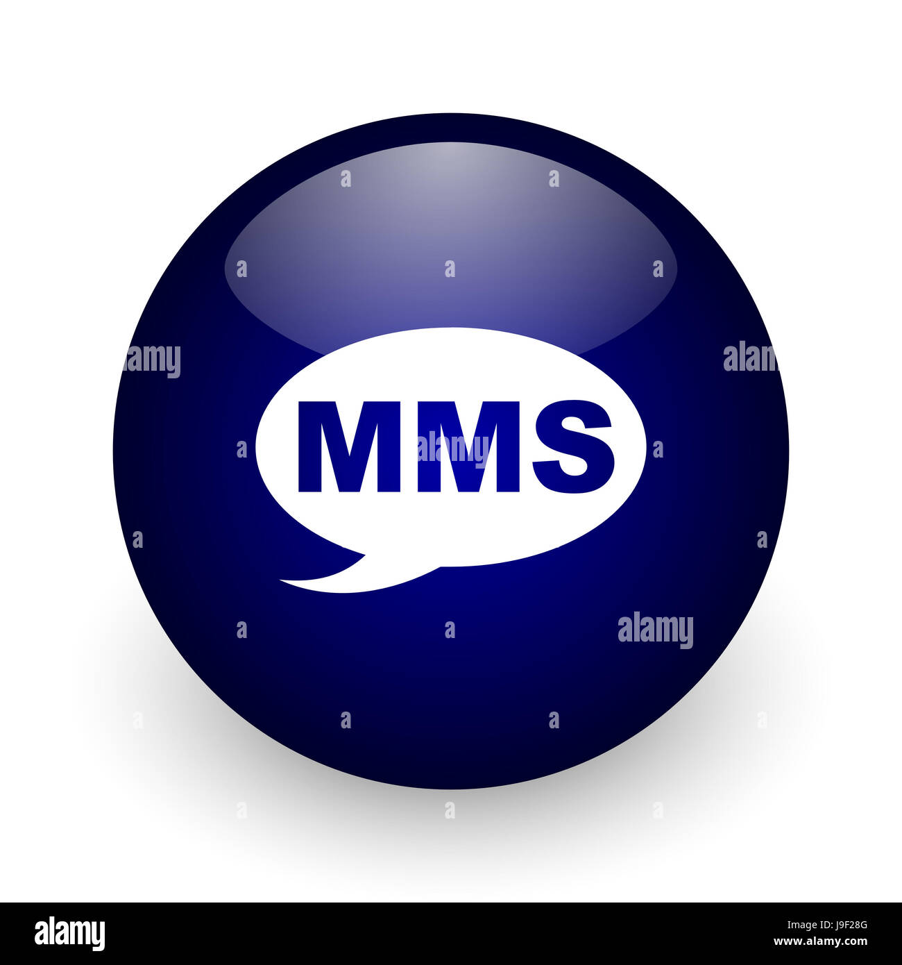 Mms blue glossy ball web icon on white background. Round 3d render ...