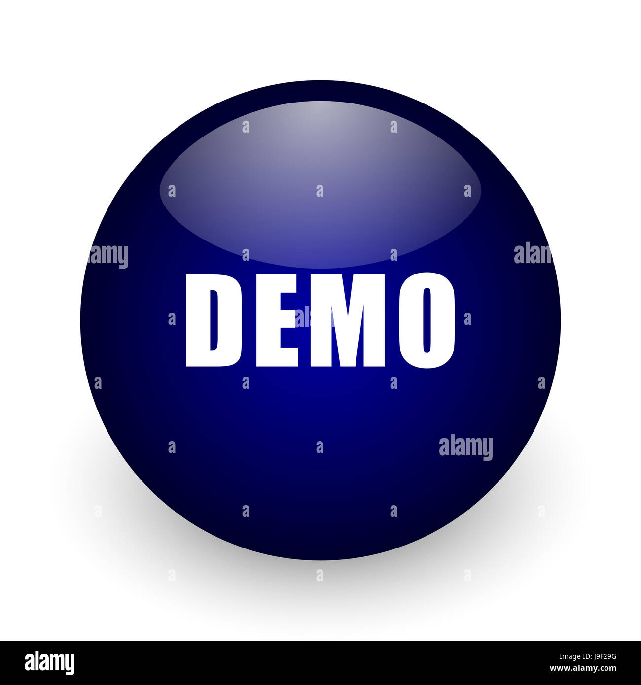 Demo blue glossy ball web icon on white background. Round 3d render ...