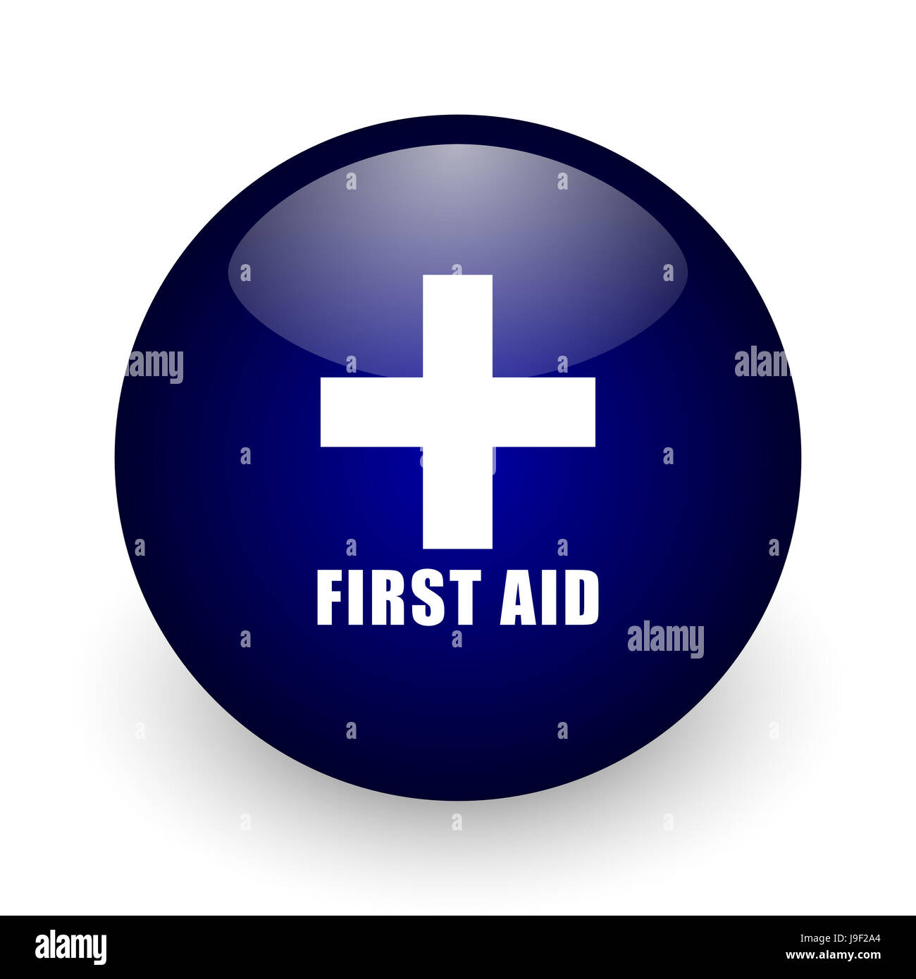 First aid blue glossy ball web icon on white background. Round 3d ...