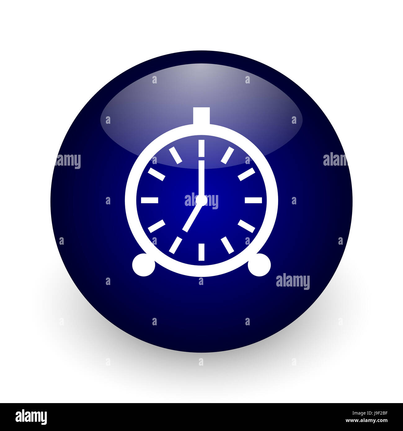 Alarm blue glossy ball web icon on white background. Round 3d render ...