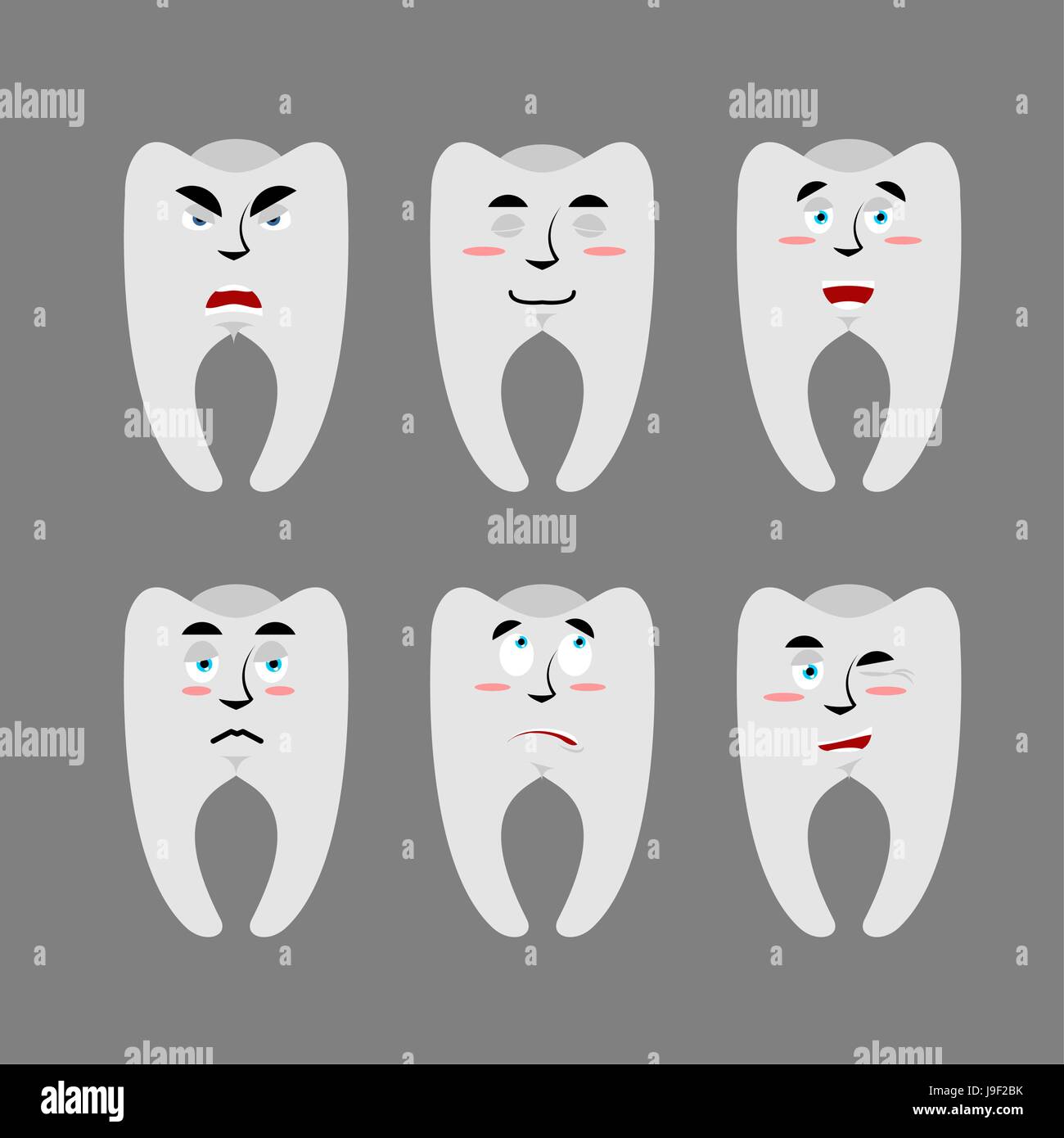 Set teeth with emotions. Cheerful and angry tooth. Surprise and sadness ...