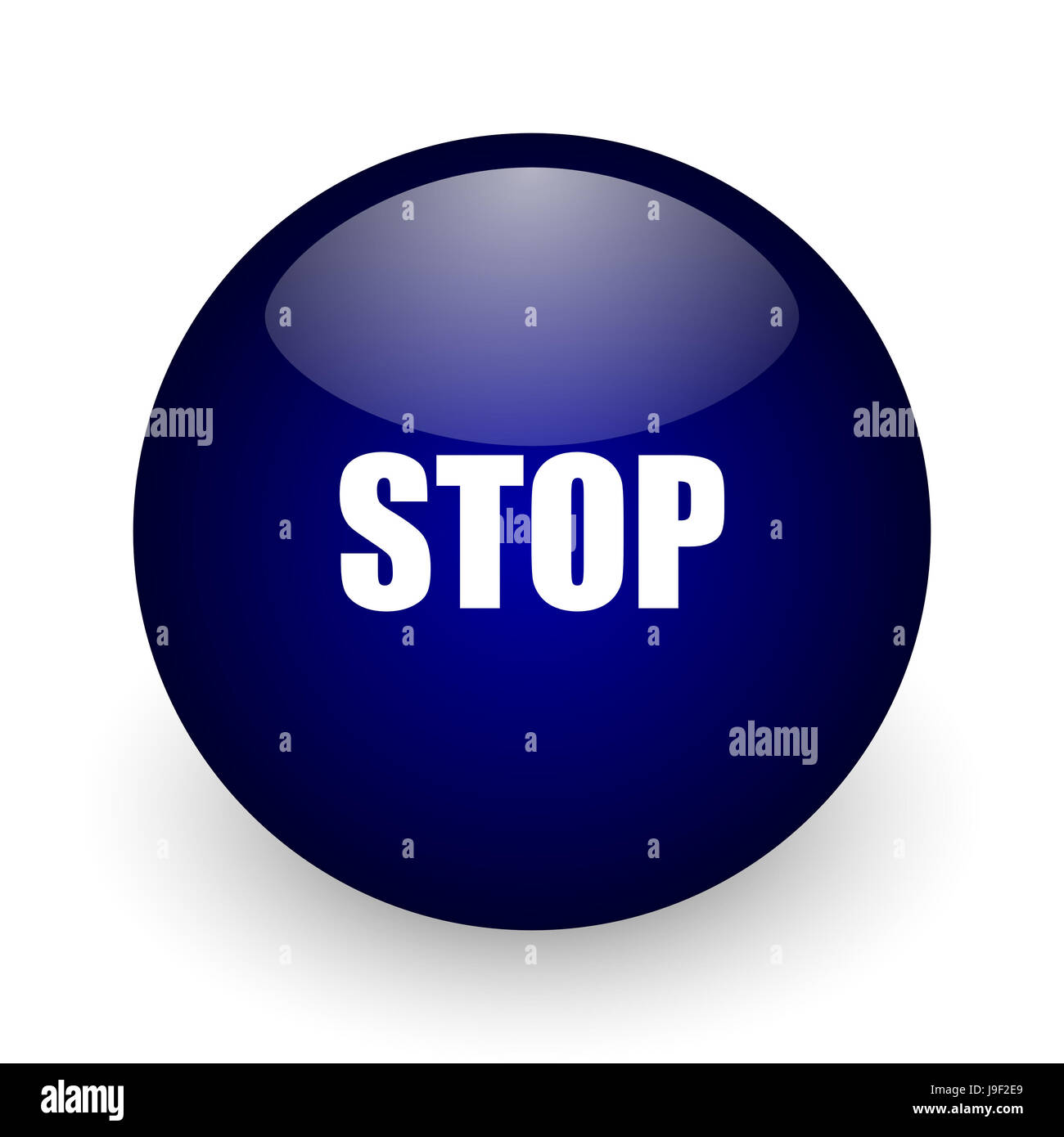 Stop blue glossy ball web icon on white background. Round 3d render ...