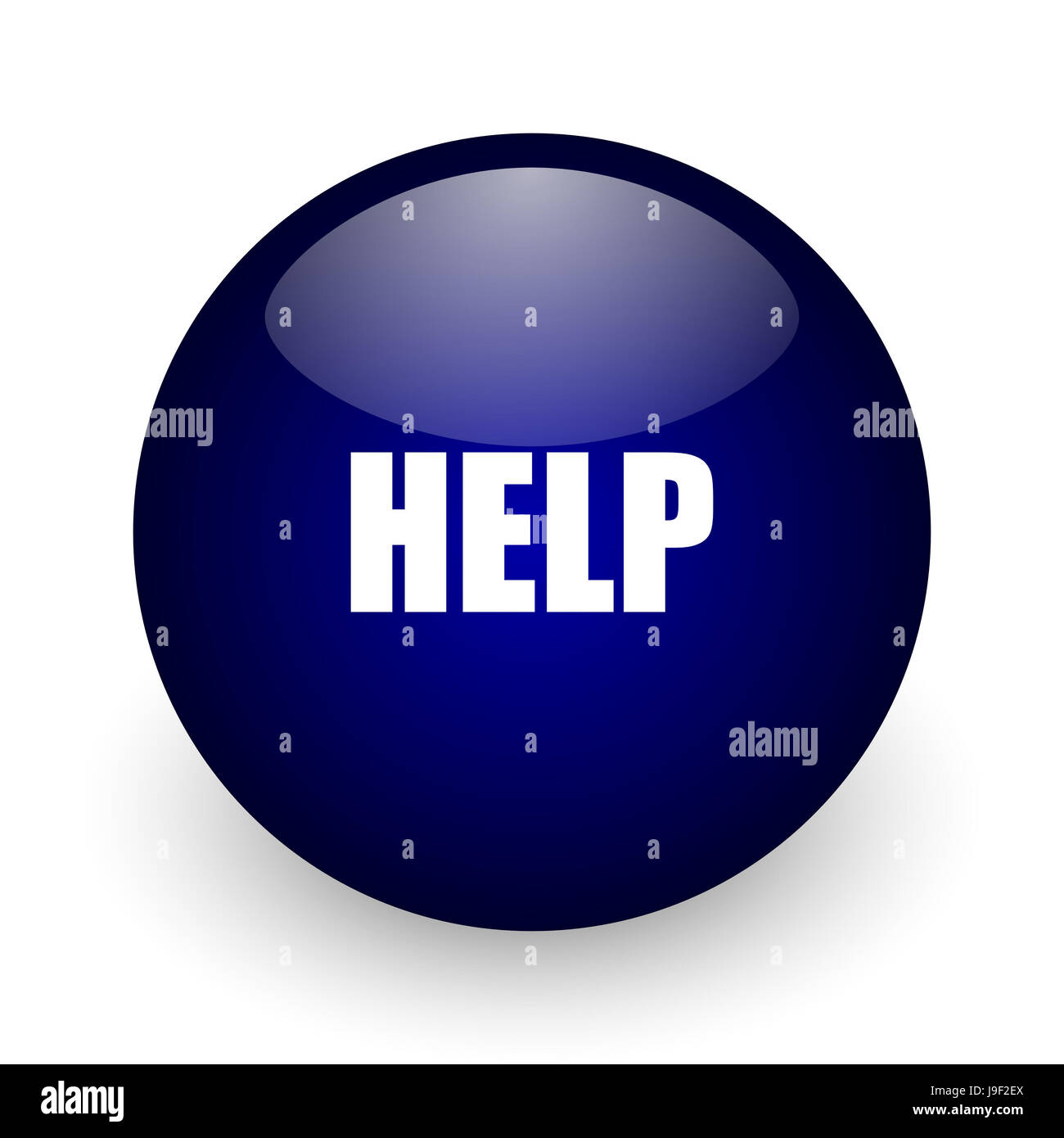 Help blue glossy ball web icon on white background. Round 3d render ...