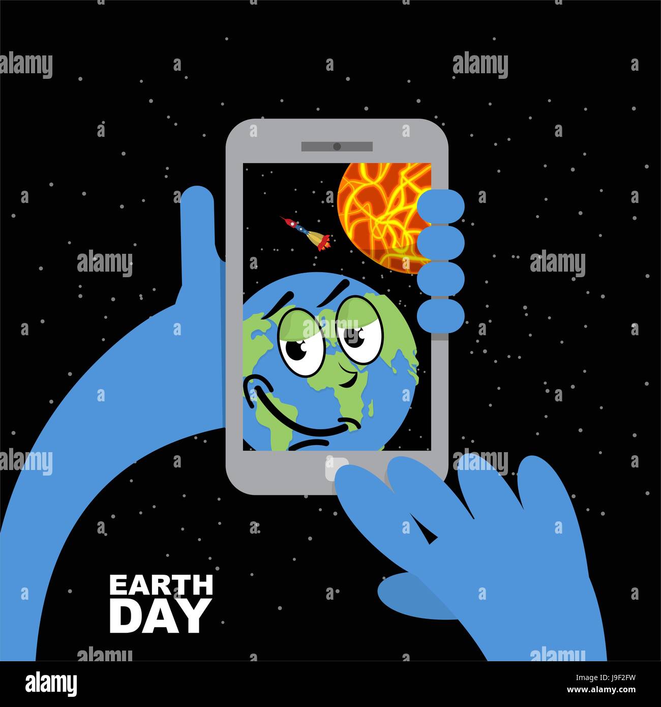 Earth Day. Planet Earth selfie in sun. Planet earth and mobile phone ...