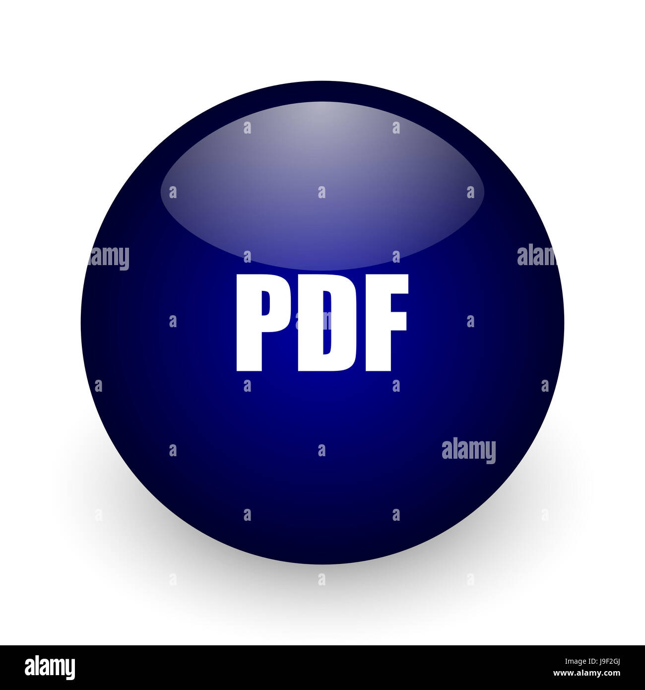 Pdf blue glossy ball web icon on white background. Round 3d render ...