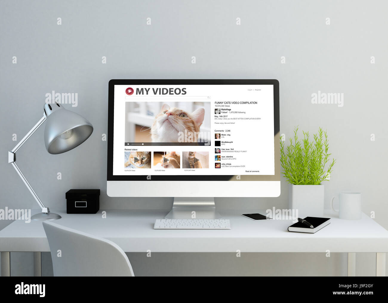 modern clean workspace mockup with video streaming website on screen ...