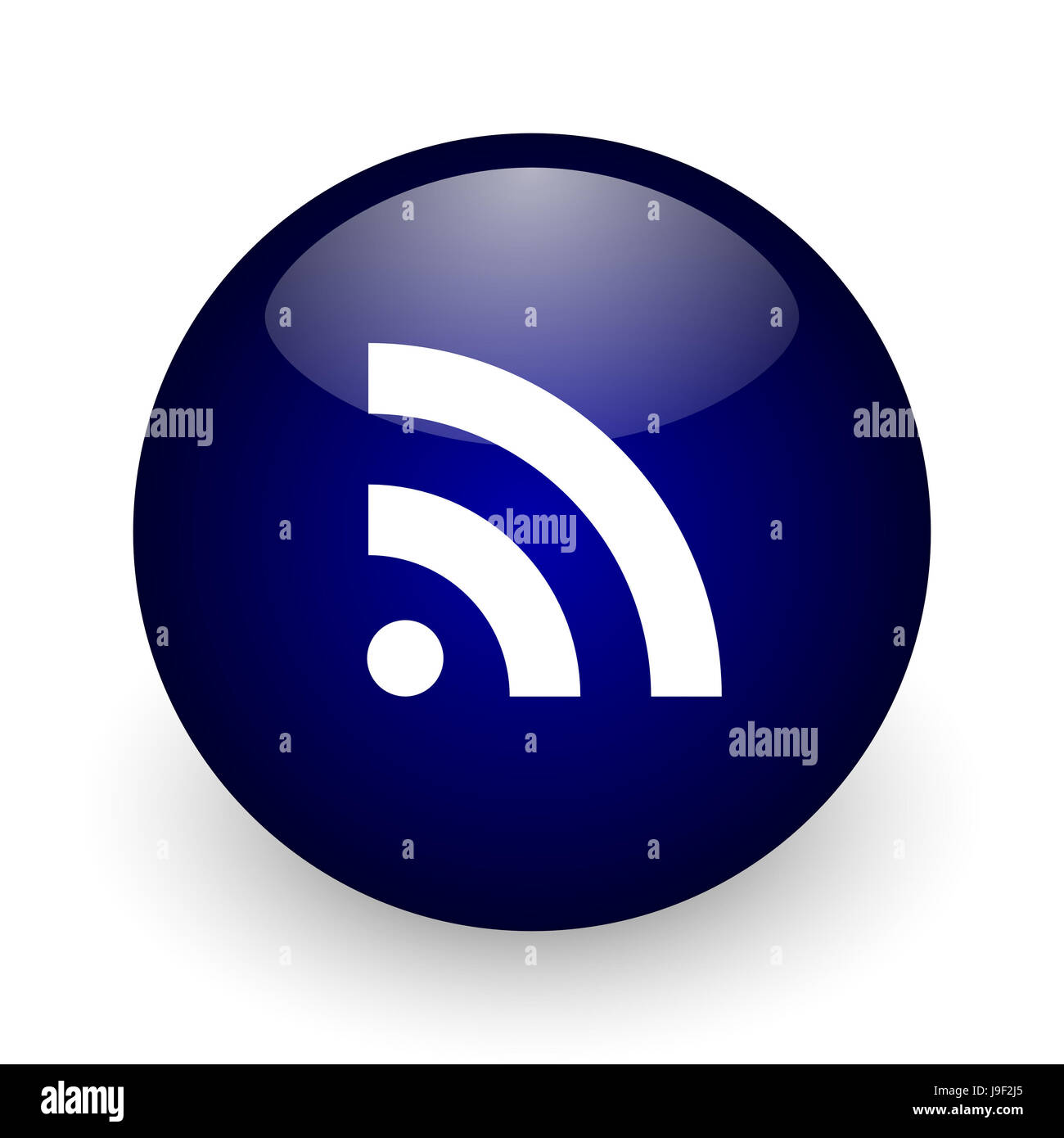 Rss blue glossy ball web icon on white background. Round 3d render ...