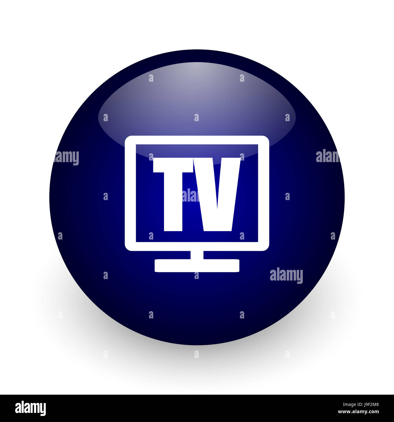 Tv blue glossy ball web icon on white background. Round 3d render ...