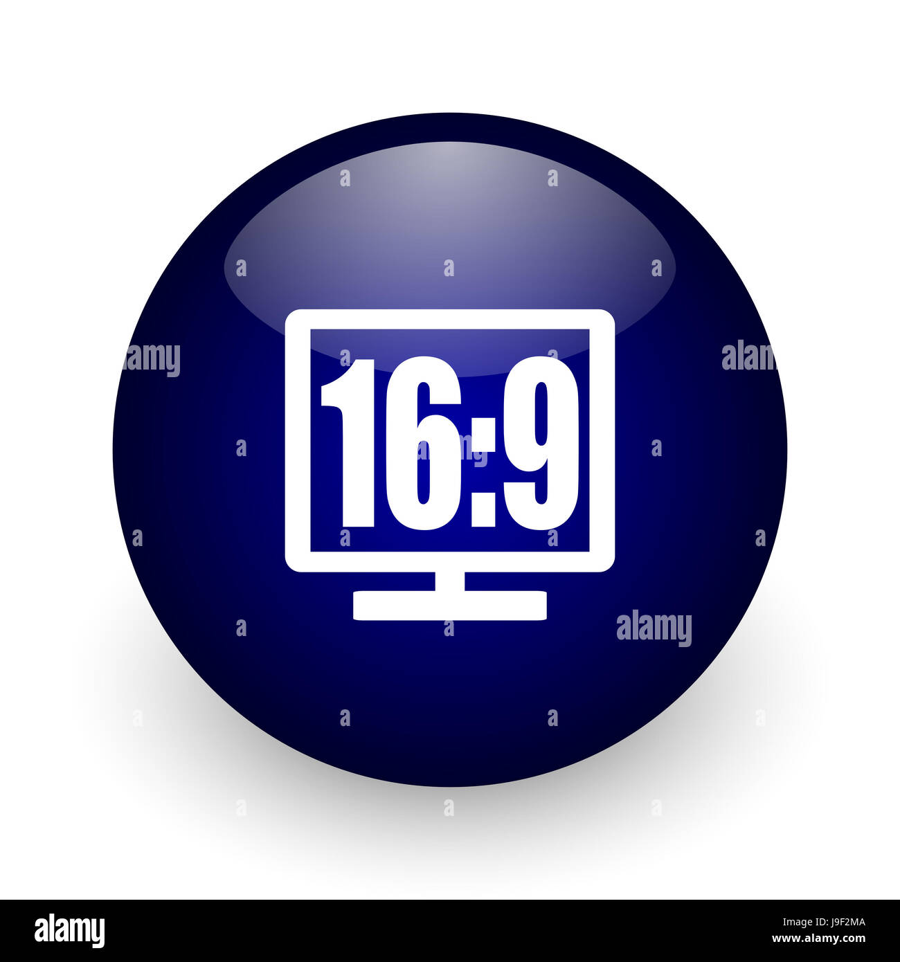 16 9 display blue glossy ball web icon on white background. Round 3d ...