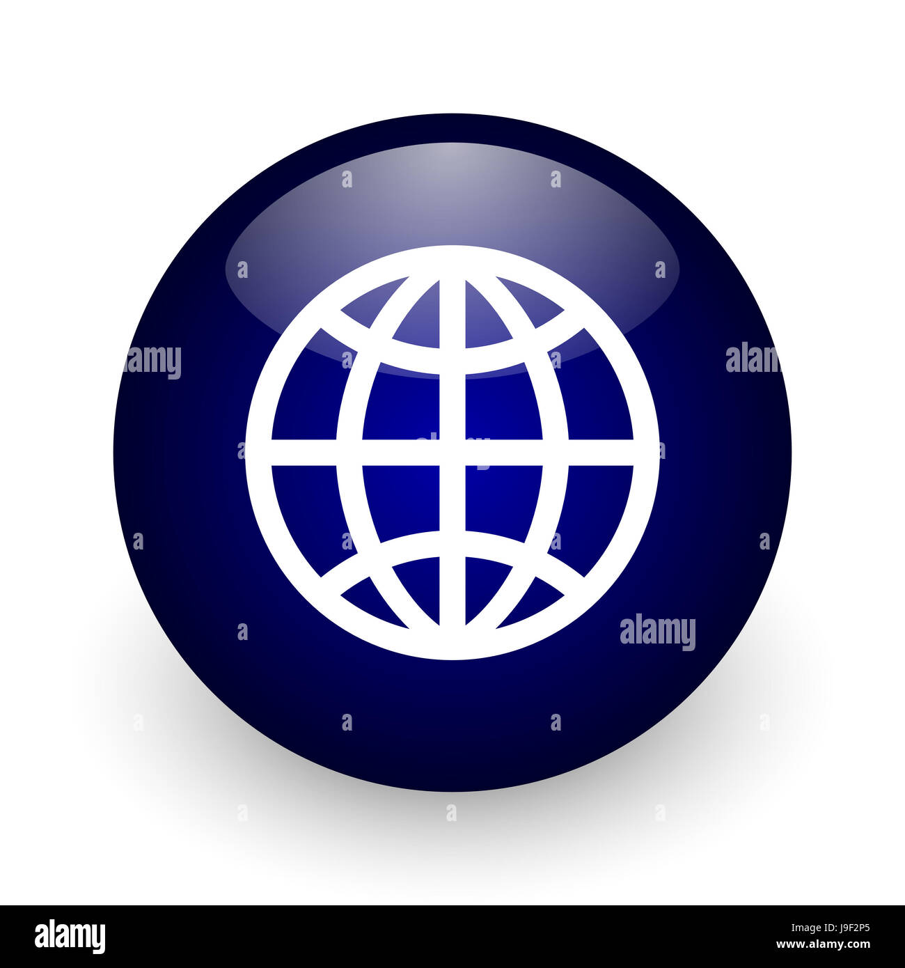 Earth blue glossy ball web icon on white background. Round 3d render ...