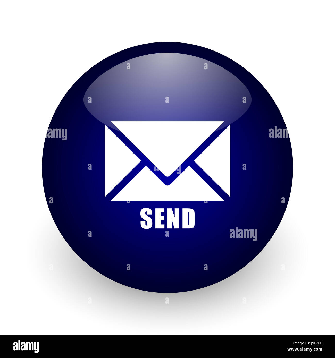 Send blue glossy ball web icon on white background. Round 3d render ...