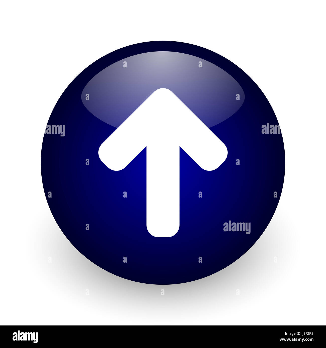 Up arrow blue glossy ball web icon on white background. Round 3d render ...