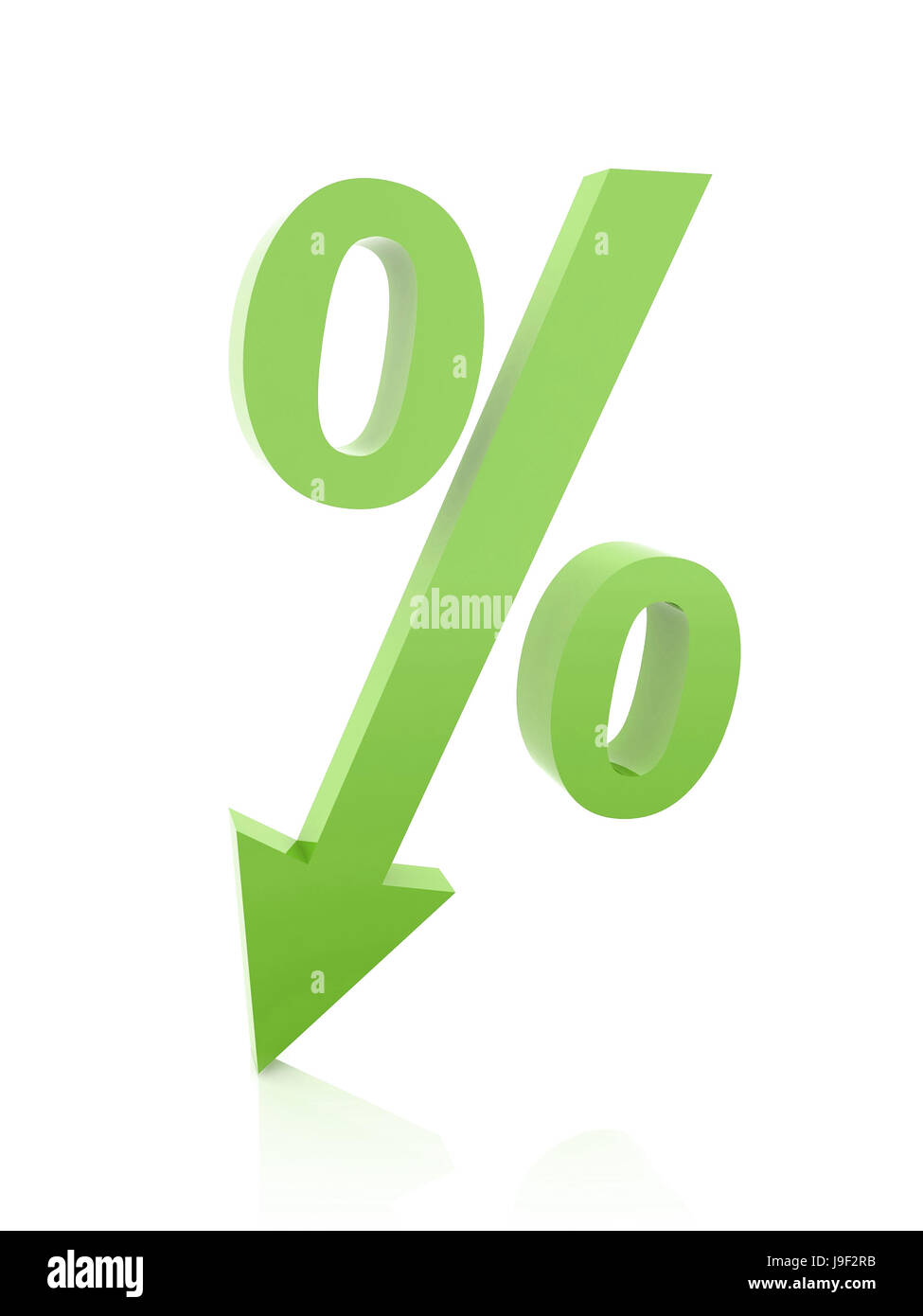 Green percentage symbol with an arrow down. Concept 3D illustration ...