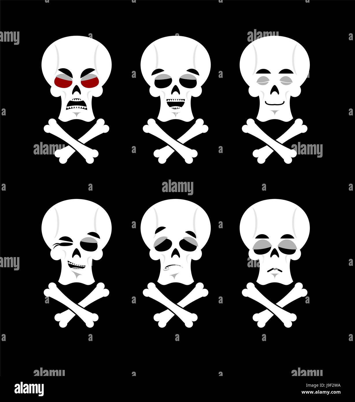 Emotions skull. Set expressions avatar skeleton. Good and evil dead. Discouraged and cheerful ...