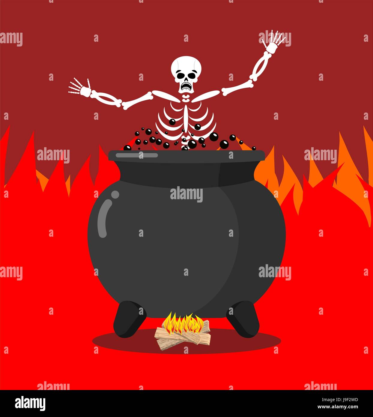 Sinners in cauldron in hell. Skeletons are cooked in resin in ...