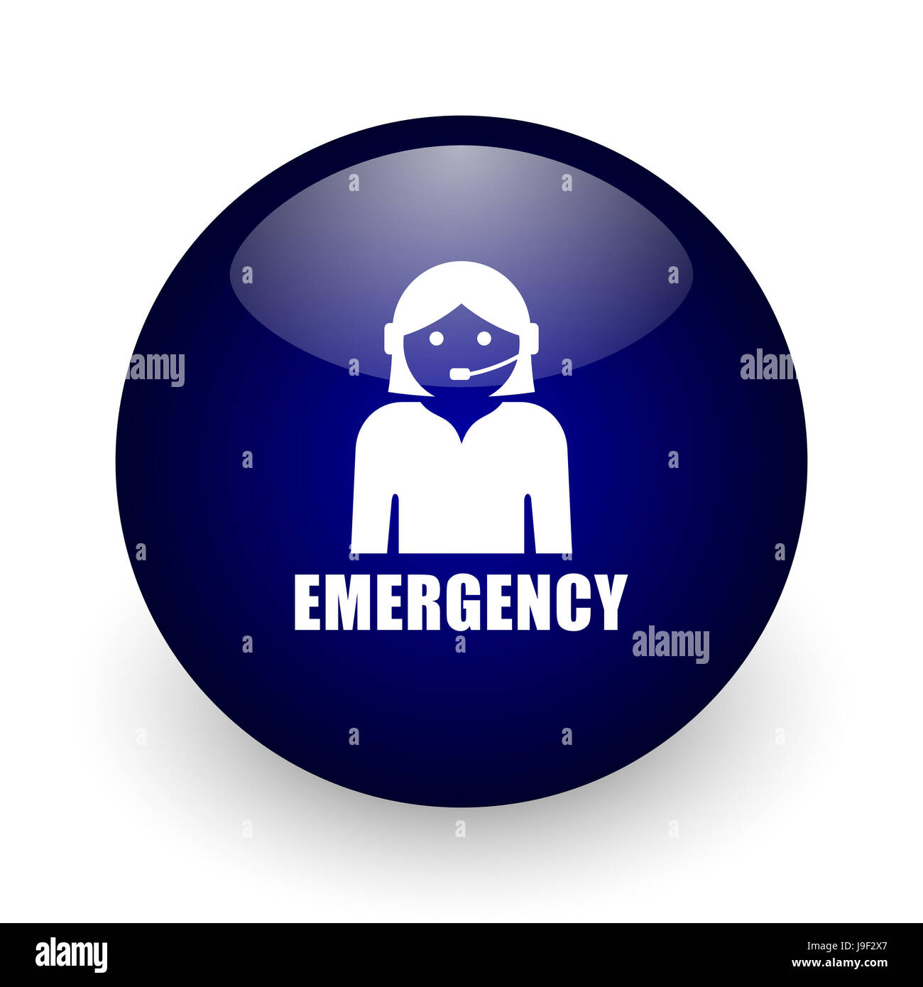 Emergency blue glossy ball web icon on white background. Round 3d ...