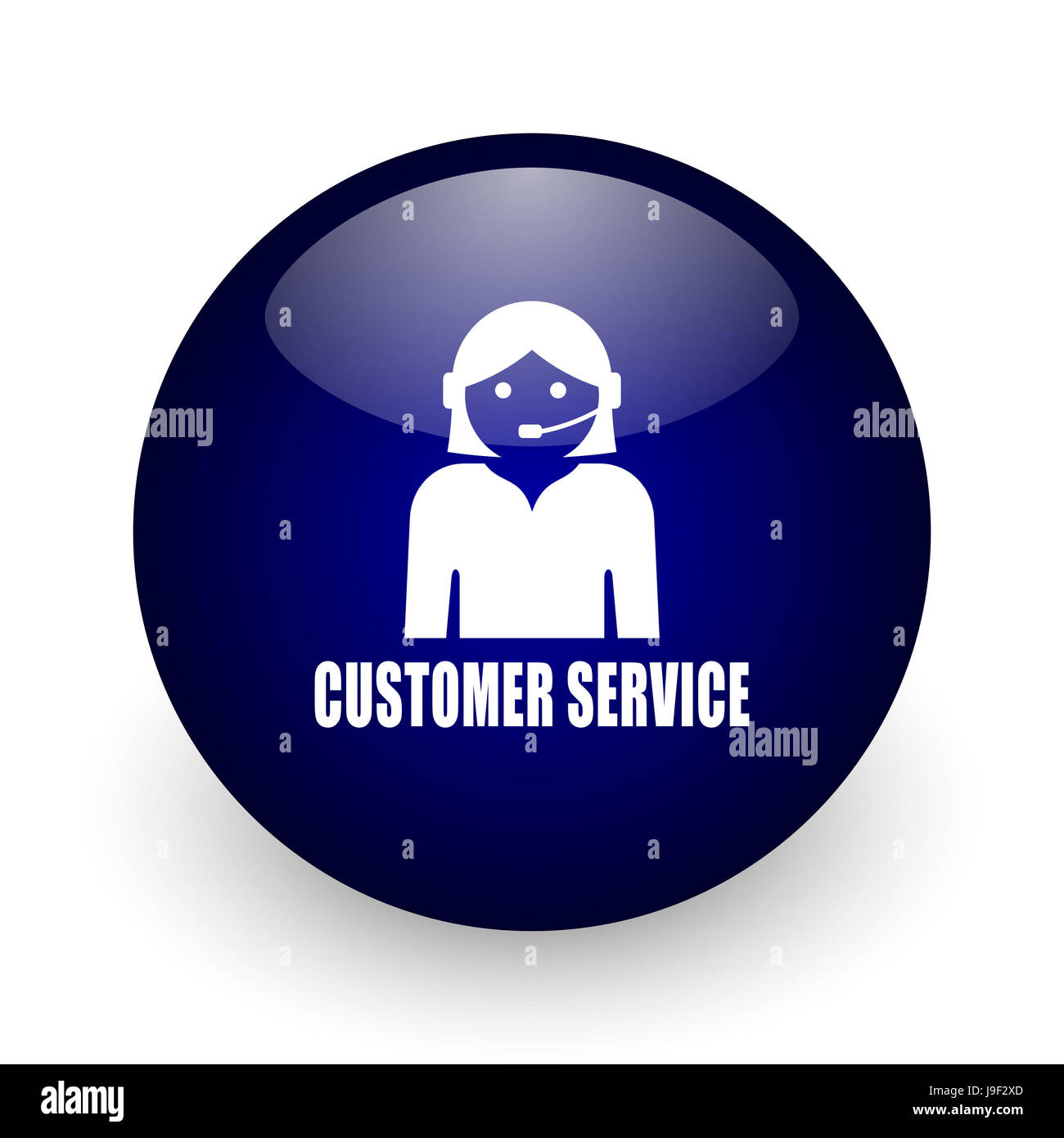 Customer service blue glossy ball web icon on white background. Round ...