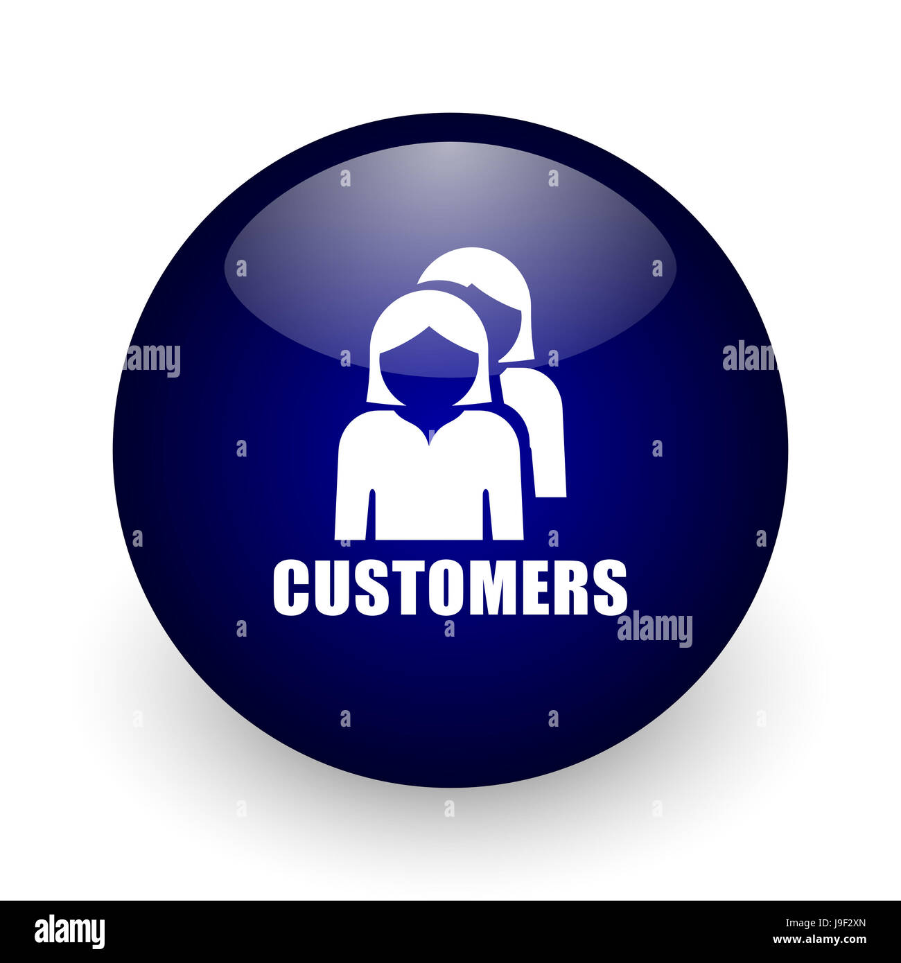 Customers blue glossy ball web icon on white background. Round 3d ...