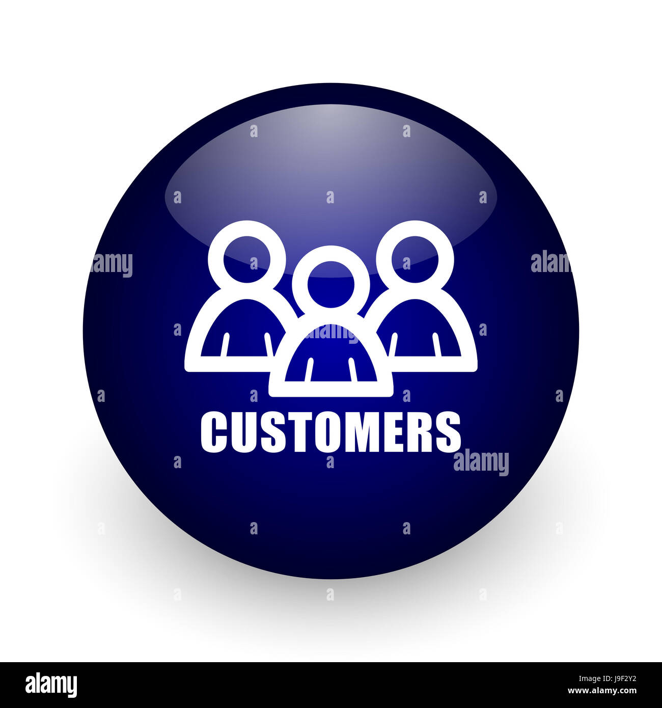 Customers blue glossy ball web icon on white background. Round 3d ...