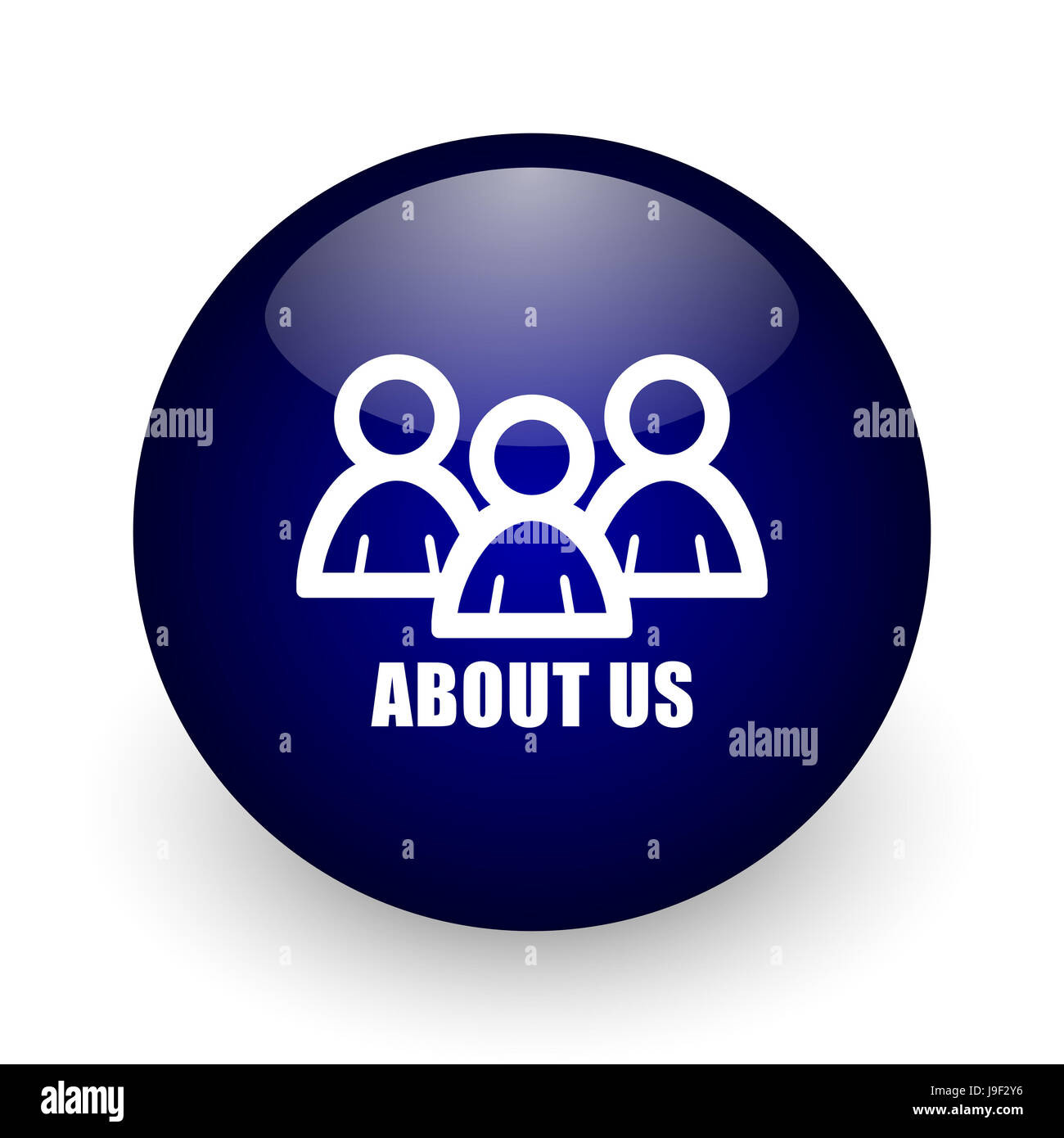 About us blue glossy ball web icon on white background. Round 3d render ...