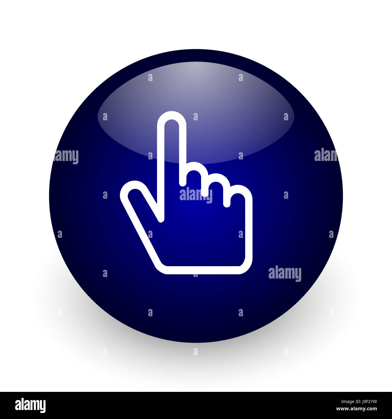 Cursor hand blue glossy ball web icon on white background. Round 3d ...