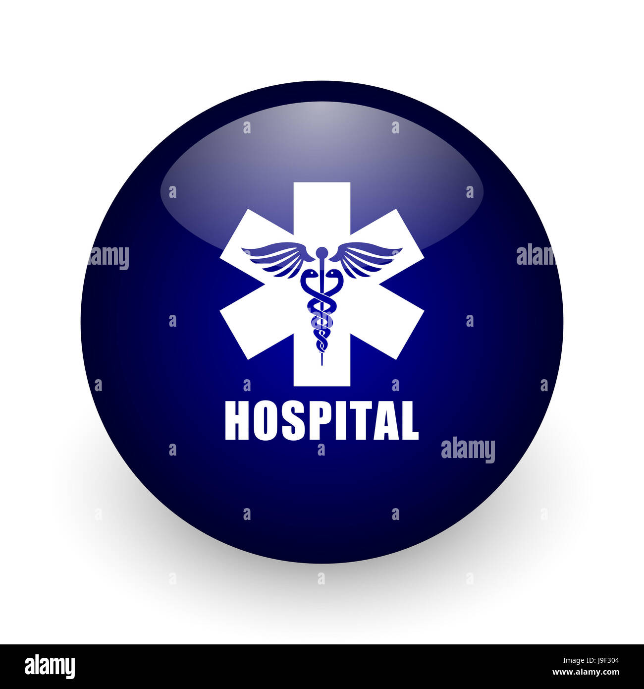 Hospital blue glossy ball web icon on white background. Round 3d render ...