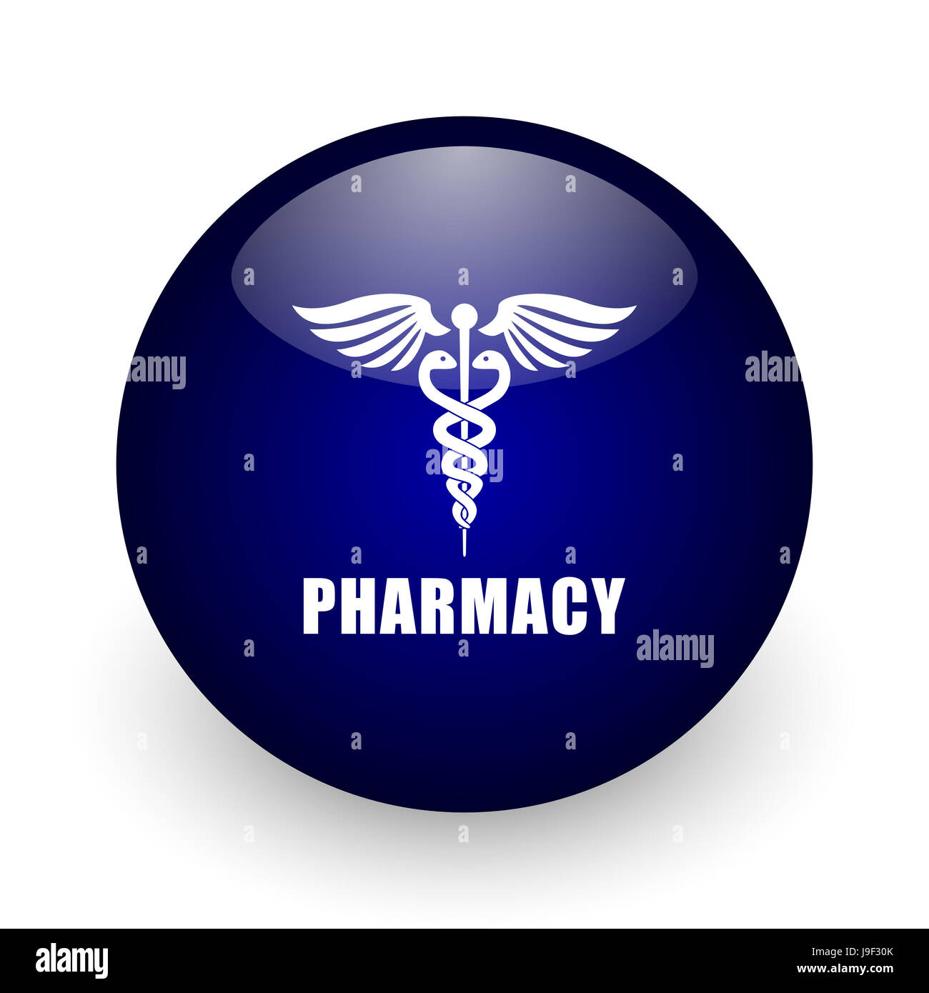 Pharmacy blue glossy ball web icon on white background. Round 3d render ...
