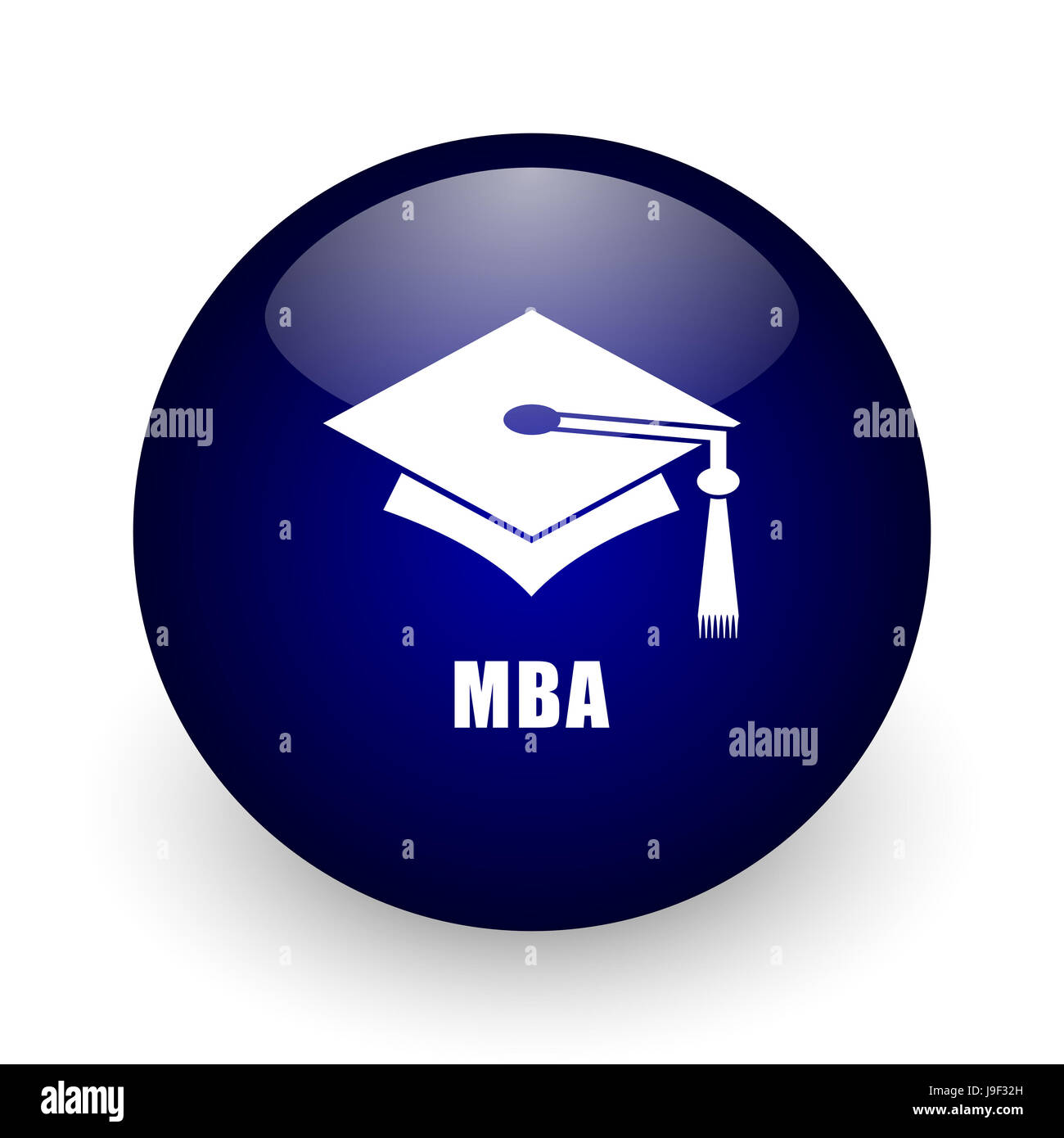 Mba blue glossy ball web icon on white background. Round 3d render ...