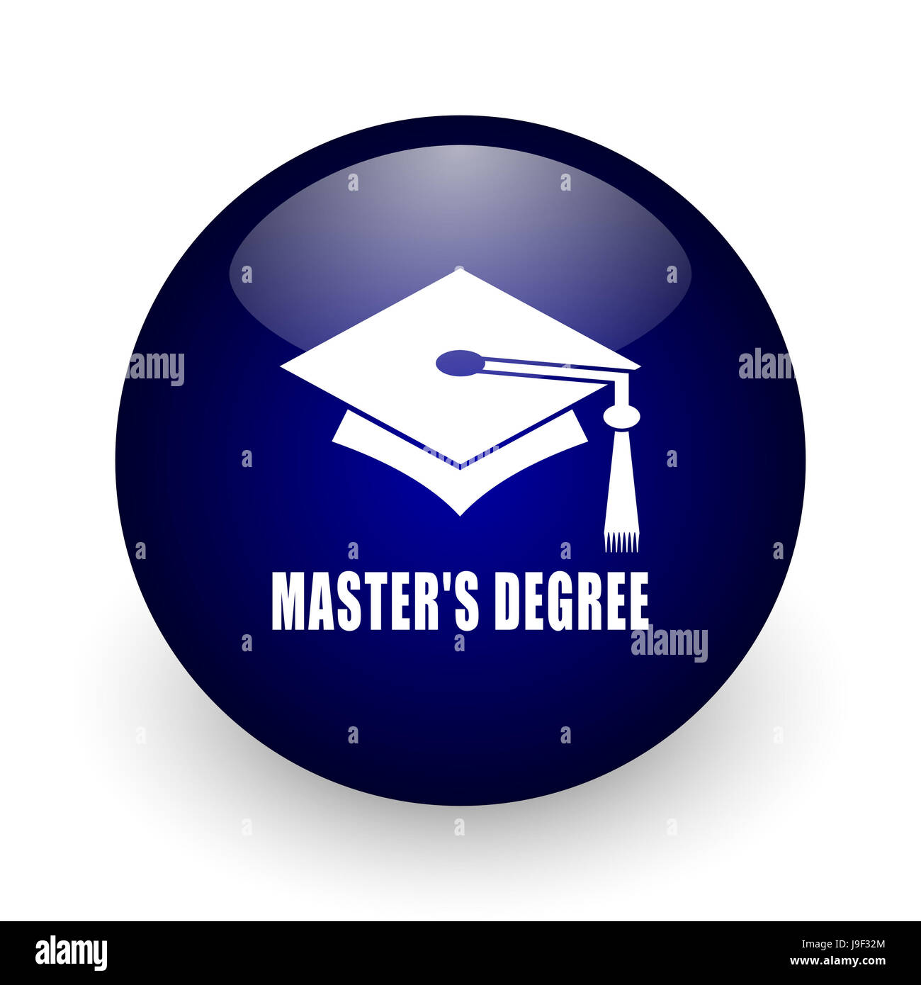 Masters degree blue glossy ball web icon on white background. Round 3d ...