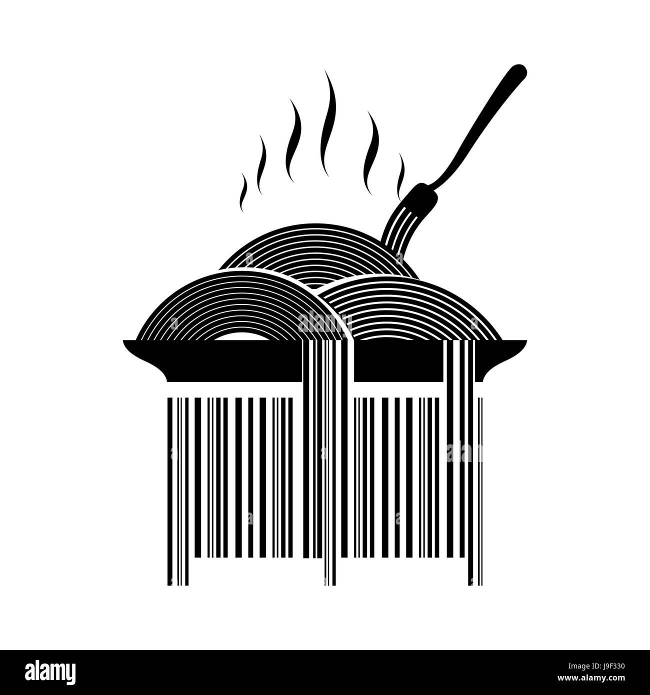 Barcode pasta. Dish with spaghetti and fork. Hot Italian pasta. Product ...