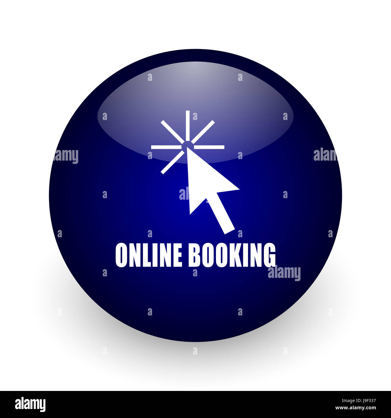 Online booking blue glossy ball web icon on white background. Round 3d ...